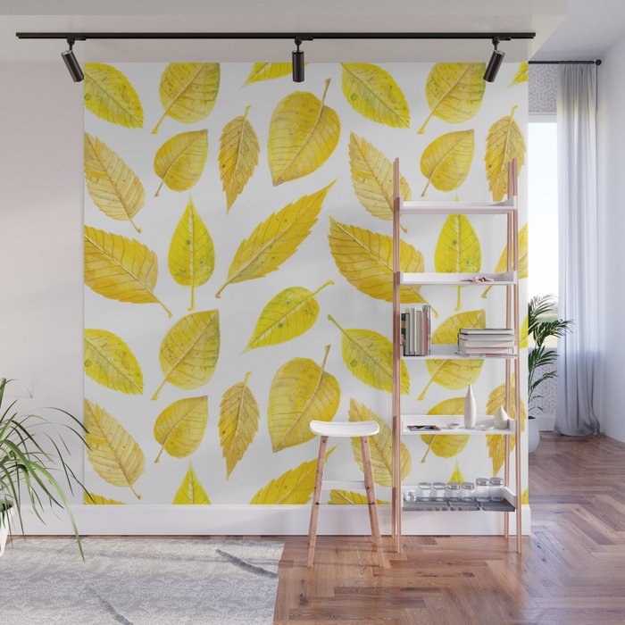 Yellow autumn leaves. Watercolor seamless pattern design. Wall Mural by ...