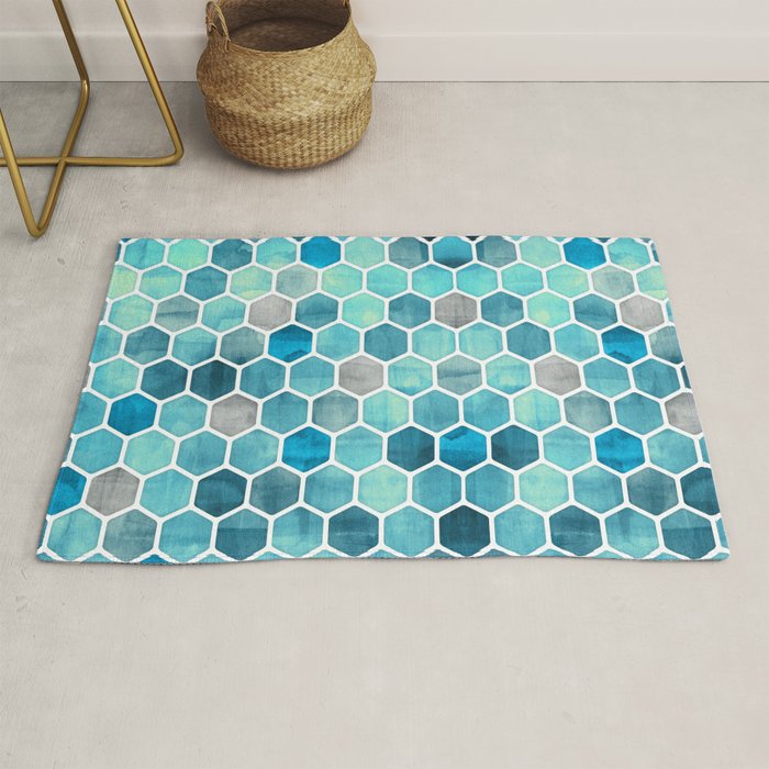 Blue Ink - watercolor hexagon pattern Rug by micklyn | Society6