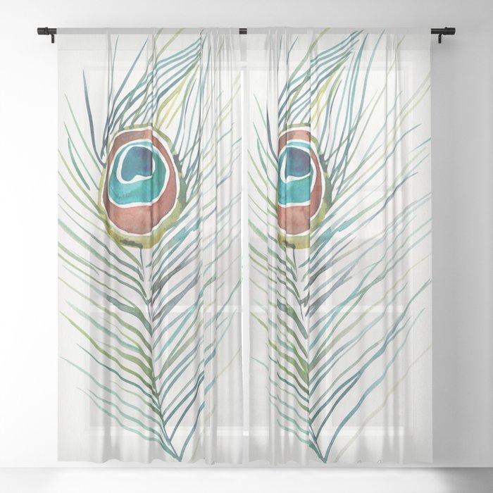 Peacock Tail Feather Watercolor Sheer Curtain By Cat Coquillette