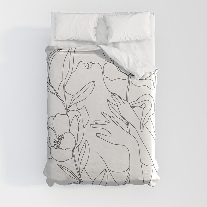 Minimal Line Art Woman With Peonies Duvet Cover By Nadja Society6