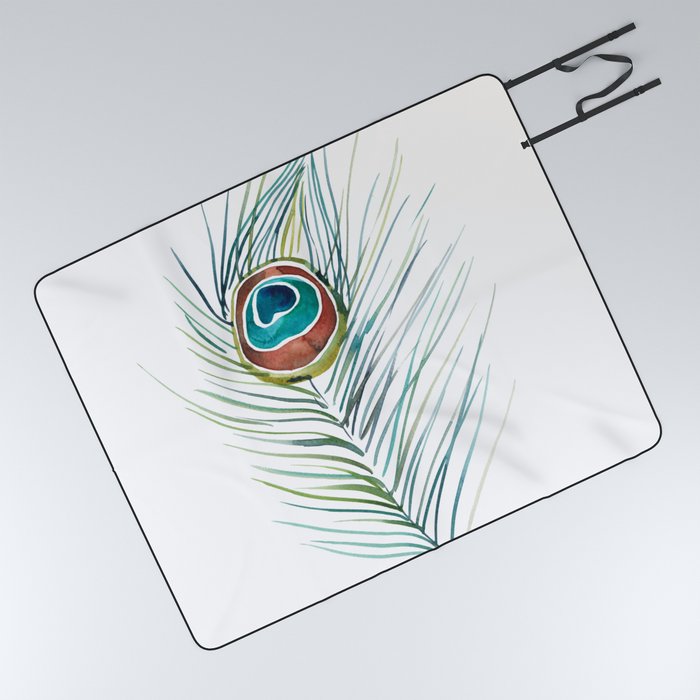 Peacock Tail Feather Watercolor Picnic Blanket By Cat Coquillette