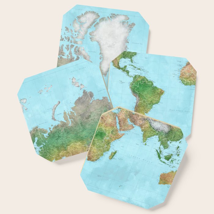 Watercolor physical world map (high detail) Coaster by blursbyaiShop ...