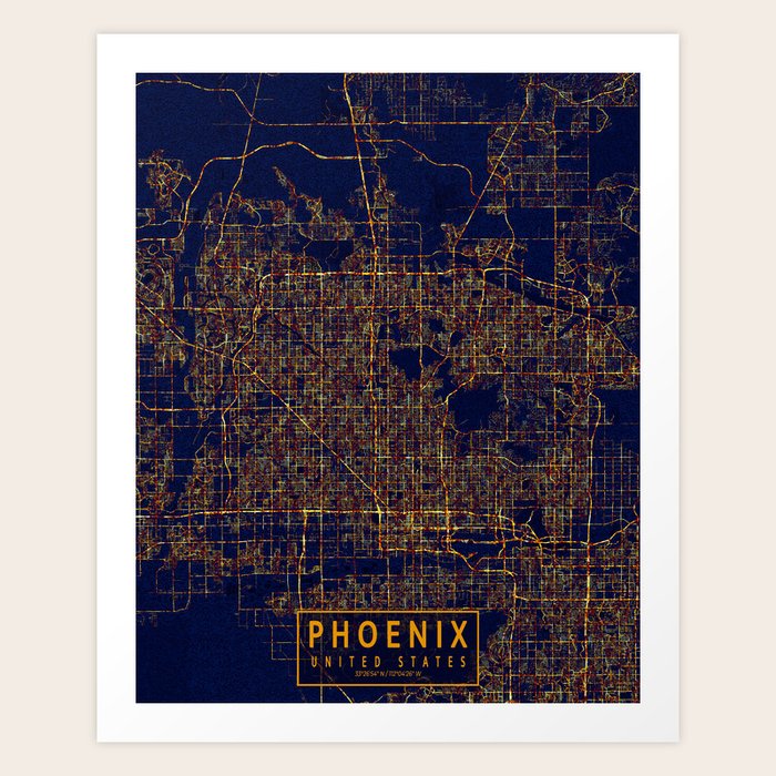 Phoenix, Arizona, USA Map - City At Night Art Print by deMAP Studio ...