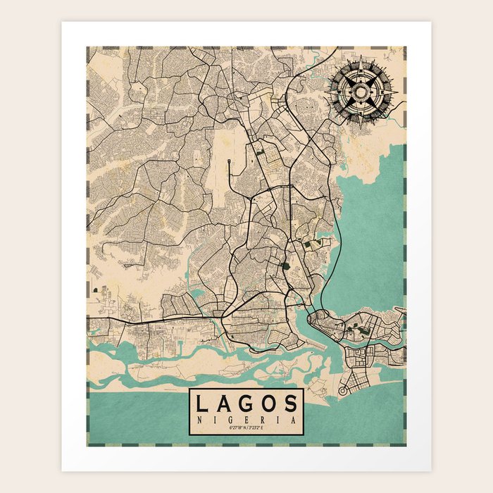 Lagos City Map of Nigeria - Vintage Art Print by deMAP Studio | Society6