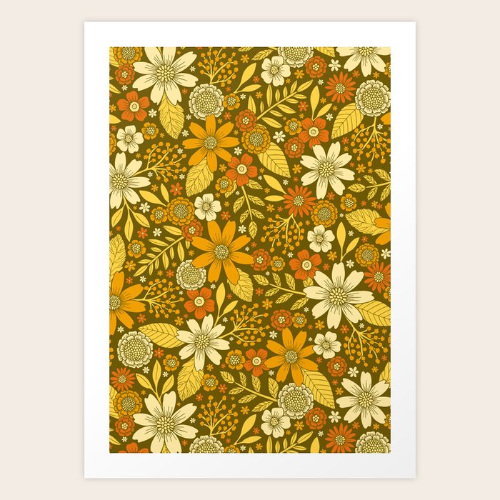 1970s Retro Flowers Pattern in Yellow, Orange & Olive Green Art Print ...
