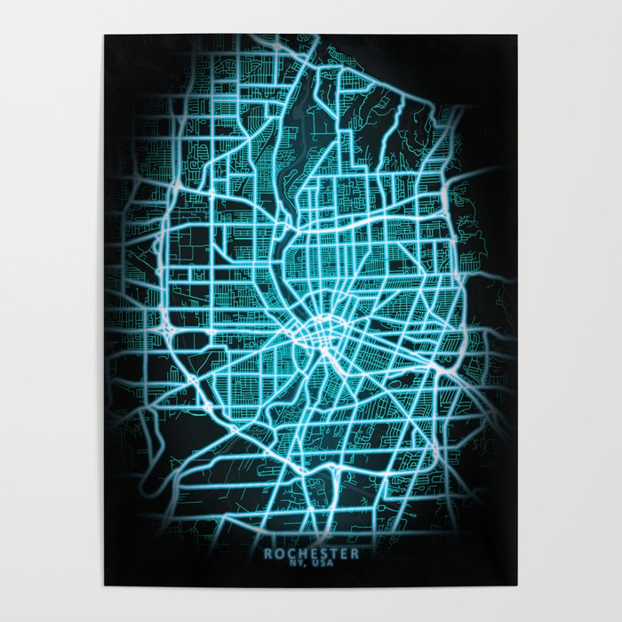 Rochester, NY, USA, Blue, White, Neon, Glow, City, Map Poster by City ...
