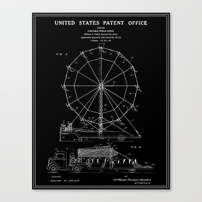 Ferris Wheel Patent - Black Canvas Print by Finlay McNevin | Society6