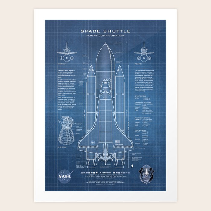 NASA Space Shuttle Blueprint in High Resolution (light blue) Art Print ...