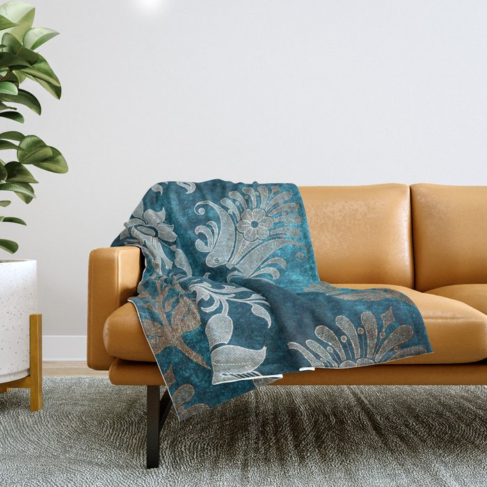 Aqua Teal Vintage Floral Damask Pattern Throw Blanket by Better HOME ...