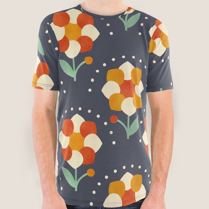 Simple Old-Fashioned Geometric Vibrant Flowers On Dark All Over Graphic ...