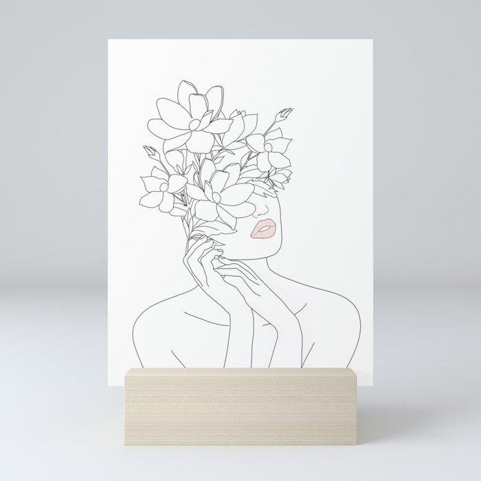Minimal Line Art Woman With Magnolia Mini Art Print By Nadja Society6