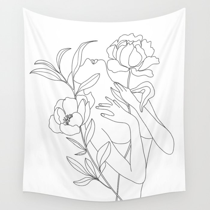 Minimal Line Art Woman With Peonies Wall Tapestry By Nadja Society6