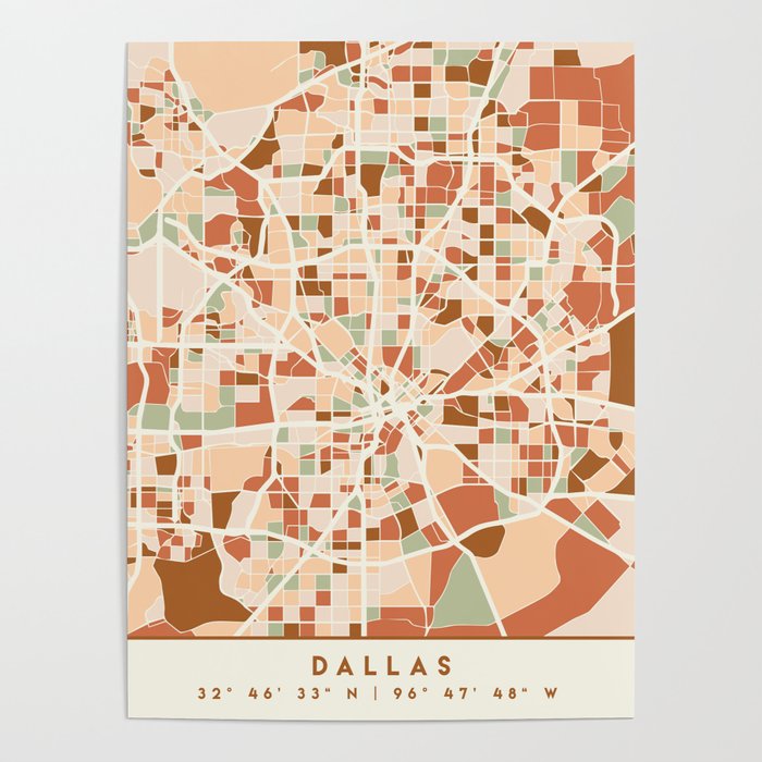 DALLAS TEXAS CITY MAP EARTH TONES Poster by deificus Art | Society6