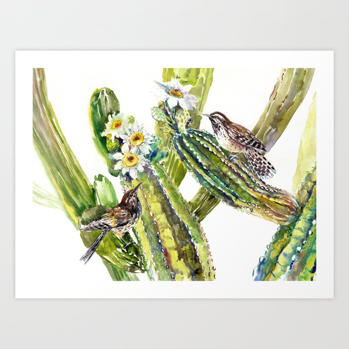 Arizona State Bird and Flower, Saguaro Cactus and Wren Art Print by ...