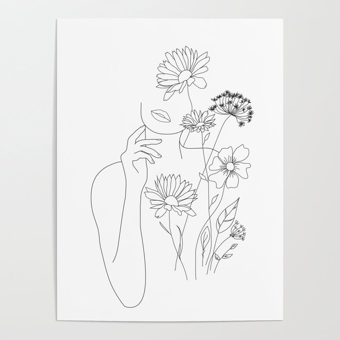 Minimal Line Art Woman With Flowers Iii Poster By Nadja1 Society6