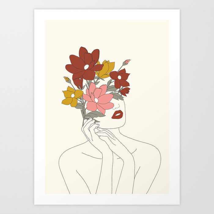 Colorful Thoughts Minimal Line Art Woman With Magnolia Art Print By