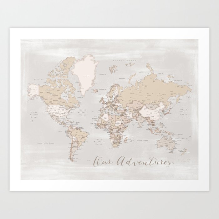 Our adventures rustic world map with cities, Lucille Art Print by ...