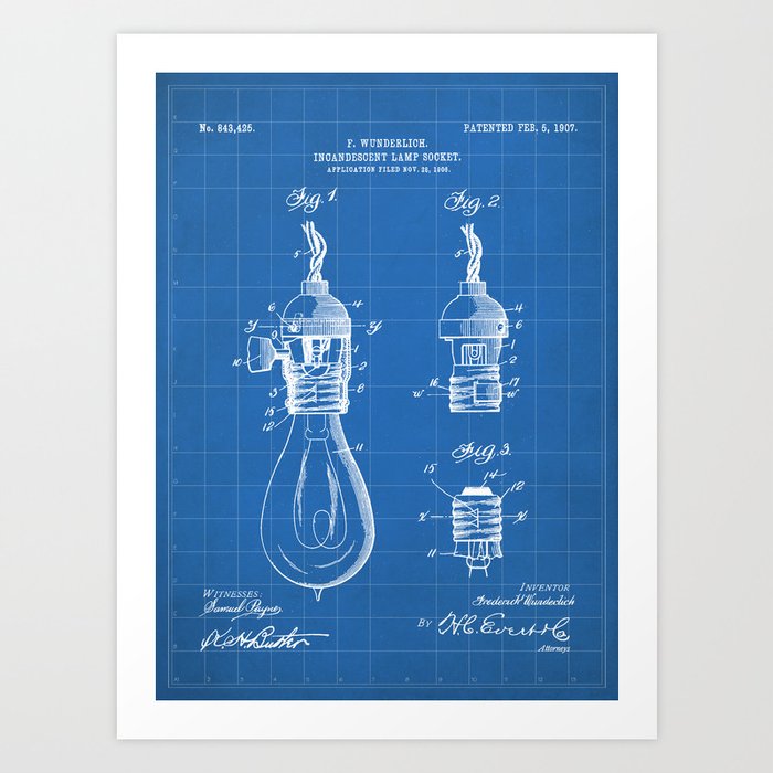 Light Bulb Patent - Designer Industrial Design Art - Blueprint Art ...