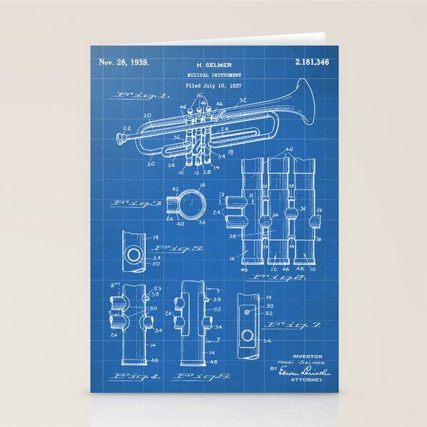 Selmer Trumpet Patent - Trumpet Art - Blueprint Stationery Cards by ...