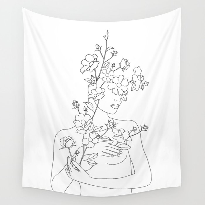 Minimal Line Art Woman With Wild Roses Wall Tapestry By Nadja Society6
