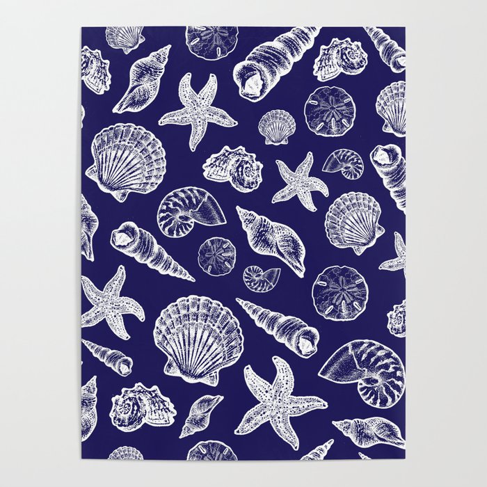 Navy Seashells Poster by Elizabeth Weglein | Society6
