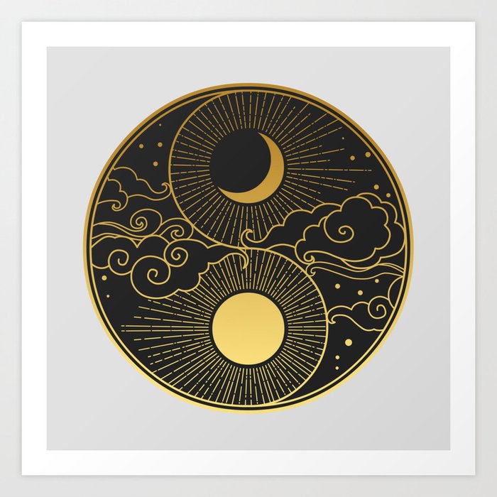 Sun, Moon, clouds, stars. Yin Yang Art Print by The Lotus Room | Society6