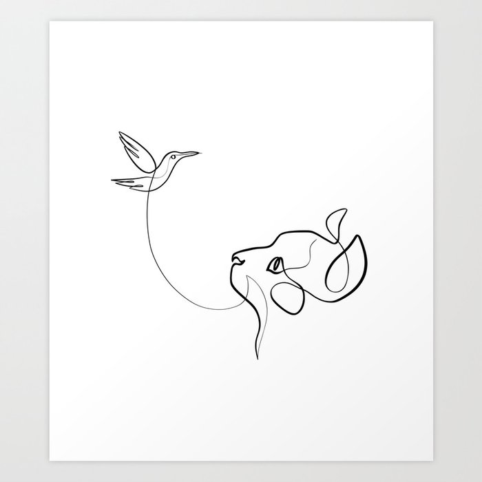 Cat and Humming Bird One Line Drawing - Close Encounter Art Print by ...