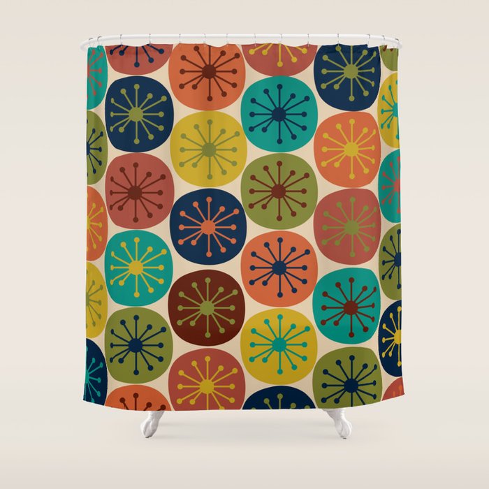 Atomic Dots Pattern in Mid Mod Teal, Orange, Olive, Blue, Mustard, and ...