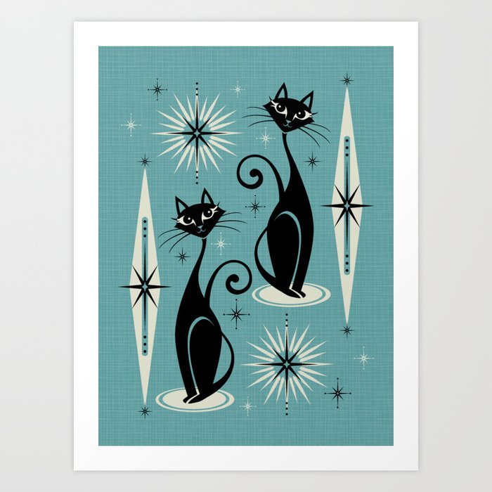 Mid Century Meow Retro Atomic Cats on Blue Art Print by studioxtine ...
