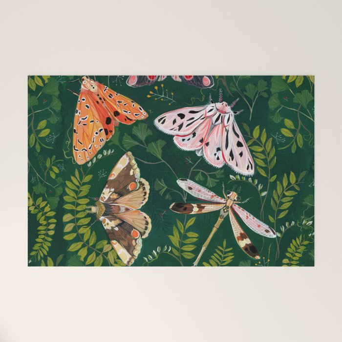 Moths and dragonfly Welcome Mat by Clara McAllister | Society6