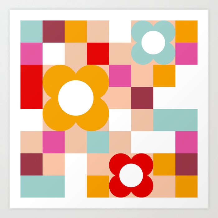 Retro Flower Power Check Pattern Art Print by Dominique Vari Words ...