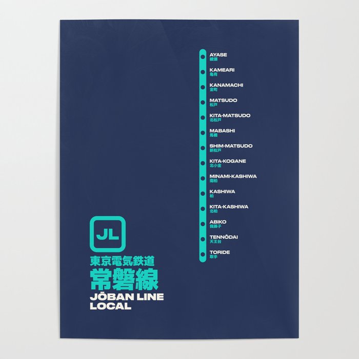 Joban Line Tokyo Train Station List Map - Navy Poster by neotokyo ...