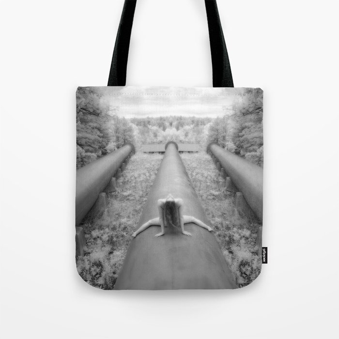 0925 Lp Industrial Nature Nude Woman Straddling Massive Hydro Pipe Tote