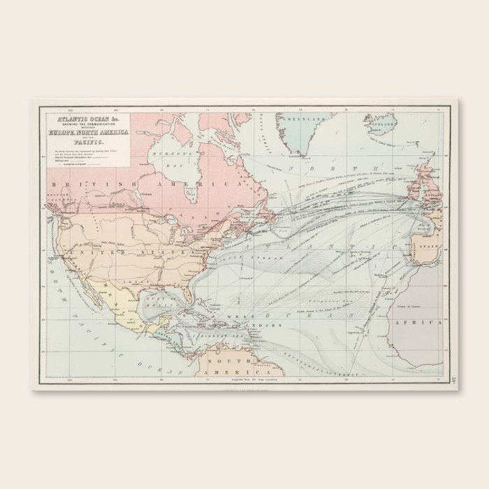 Vintage Atlantic Ocean Telegraph Cables and Steamboat Route Map Canvas ...