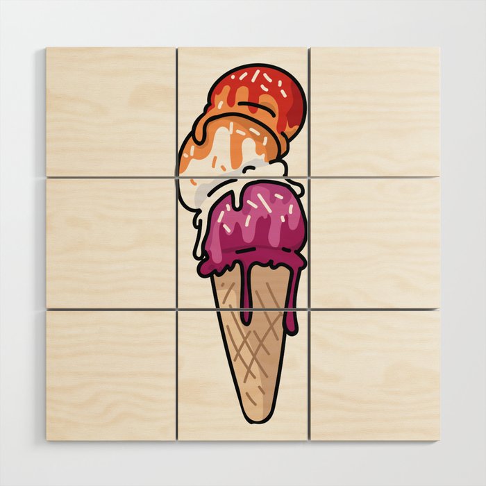 Cute Lesbian Ice Cream Cone Cartoon Vector Illustration Motif Set Wood