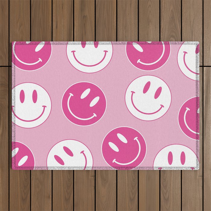 Large Pink and White Smiley Face - Preppy Aesthetic Decor Outdoor Rug ...