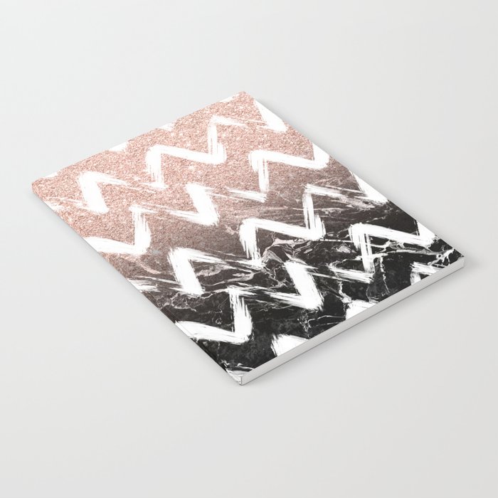 Modern Faux Rose Gold Glitter Black Marble Chevron Notebook By Audrey