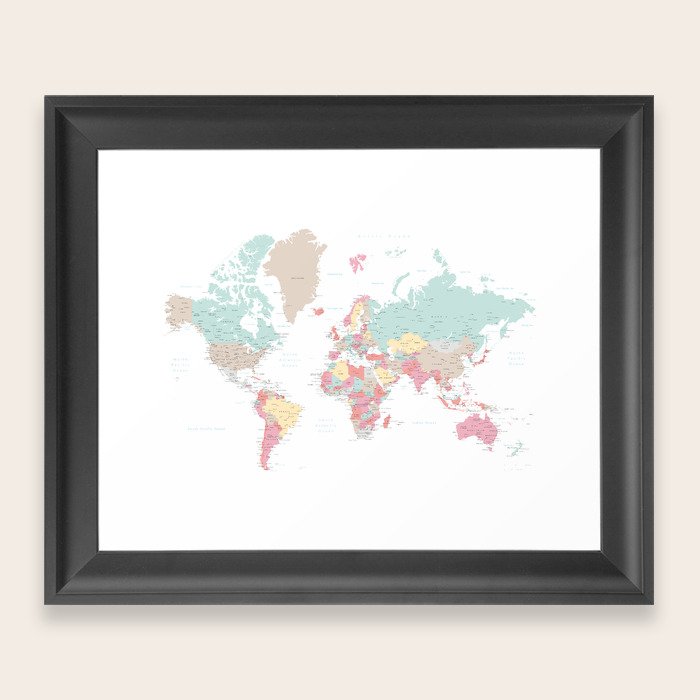 Pastel world map with cities Framed Art Print by blursbyaiShop | Society6