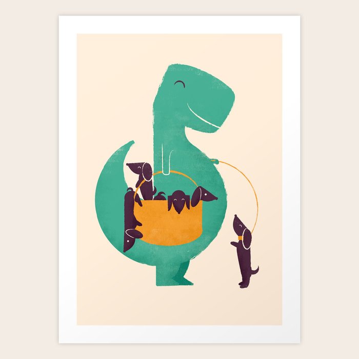 T-Rex and his Basketful of Wiener Dogs Art Print by Jay Fleck | Society6