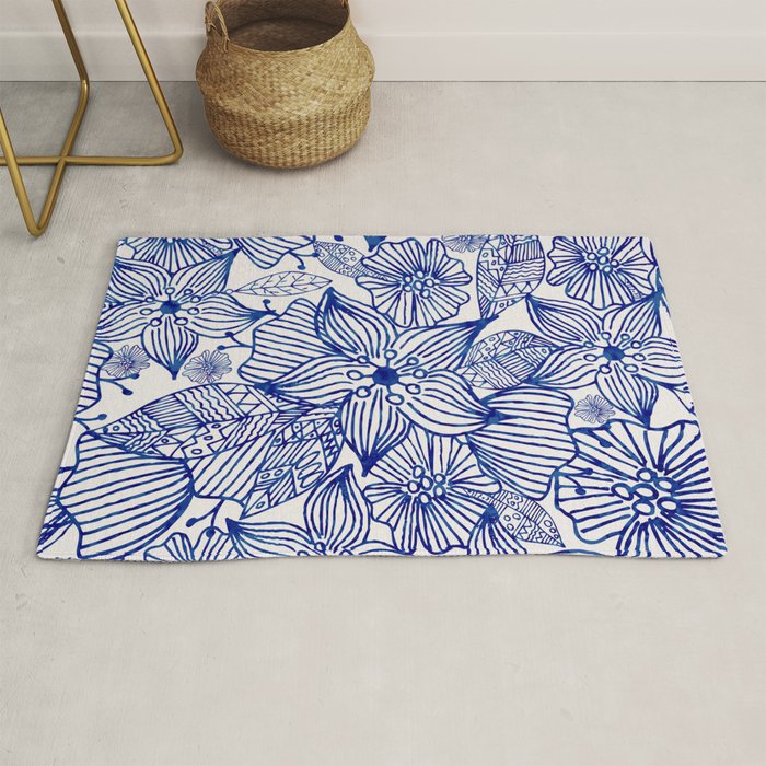 Hand painted royal blue white watercolor floral illustration Rug by ...