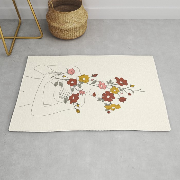 Colorful Thoughts Minimal Line Art Woman With Wild Roses Rug By Nadja