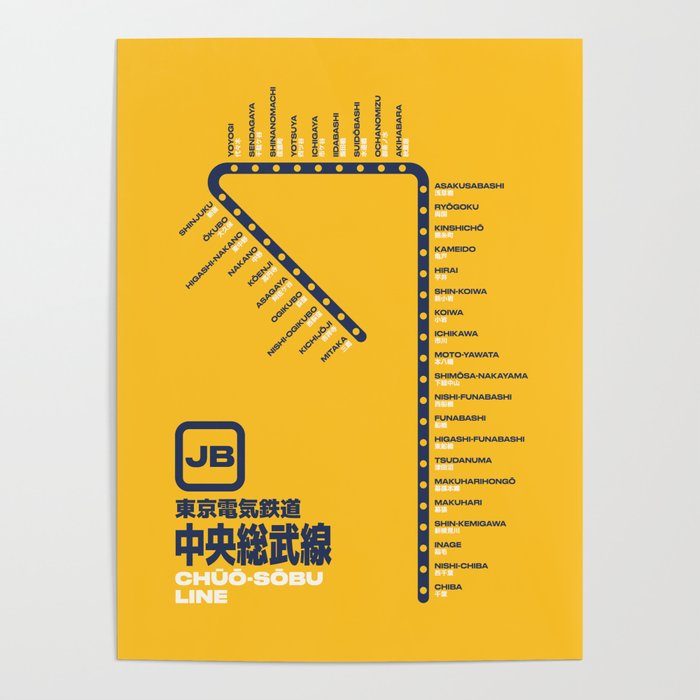 Chuo Sobu Line Tokyo Train Station List Map - Yellow Poster by neotokyo ...