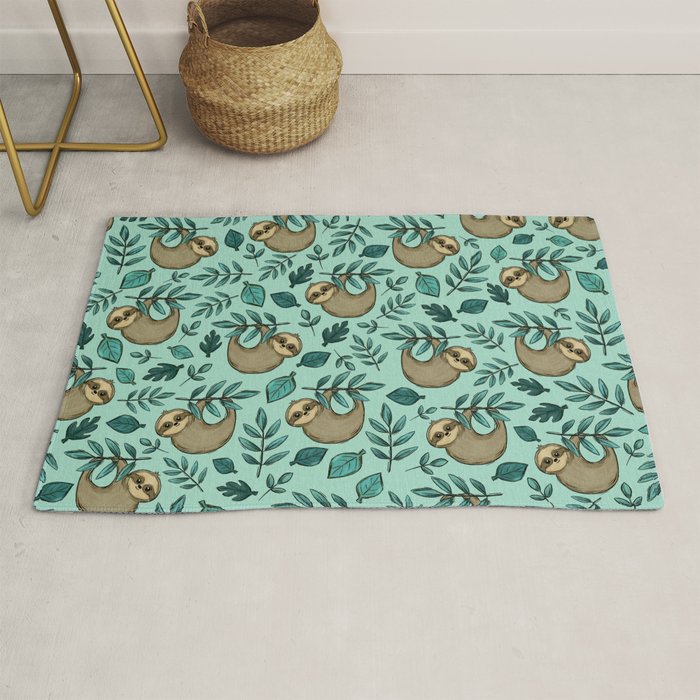 Cute Little Sloth, Sweet Sloth, Teal Print Rug by cateandrainn | Society6