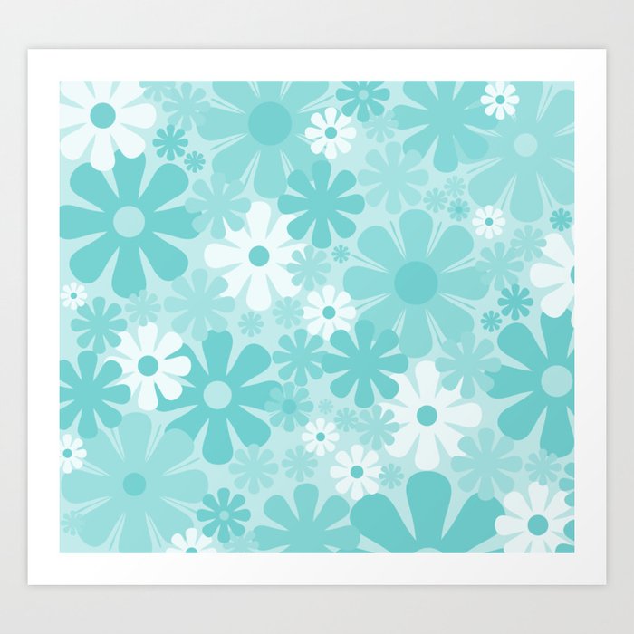 Retro 60s 70s Aesthetic Floral Pattern in Light Turquoise Aqua Blue Art Print by Kierkegaard ...