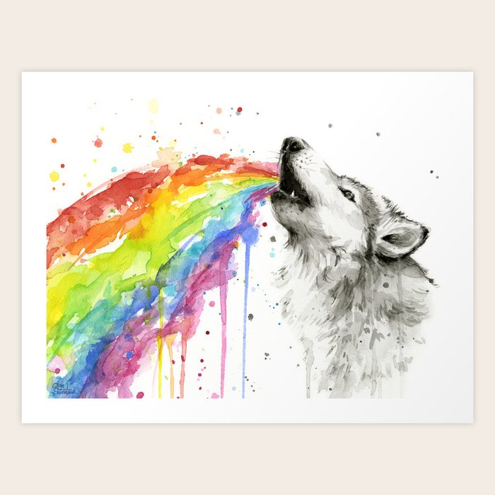 Wolf Rainbow Watercolor Animal Art Print by Olechka | Society6