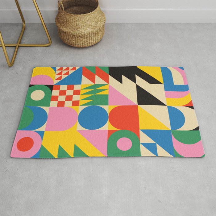Colorful mid century retro geometric shapes Rug by Jen Du | Society6