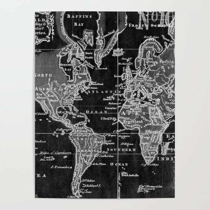 Black and White World Map (1760) Inverse Poster by BravuraMedia | Society6