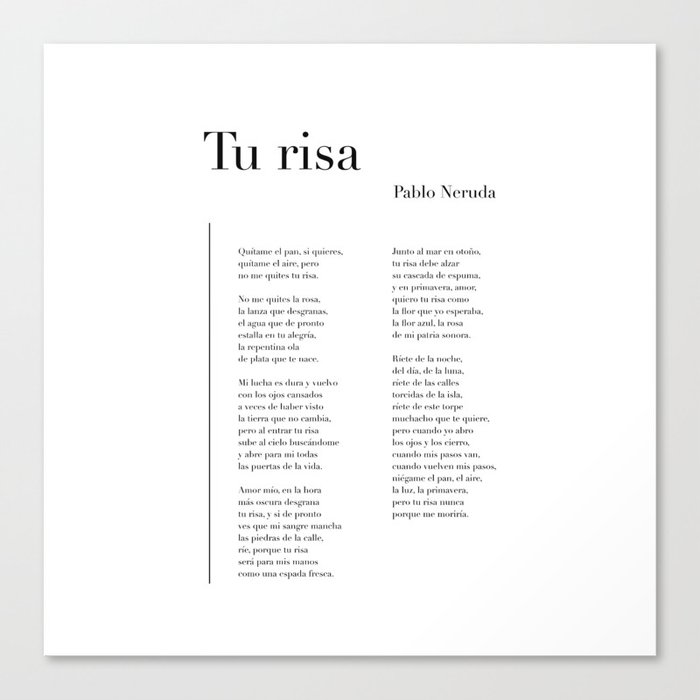 Tu risa de Pablo Neruda Canvas Print by Wise Magpie Prints | Society6
