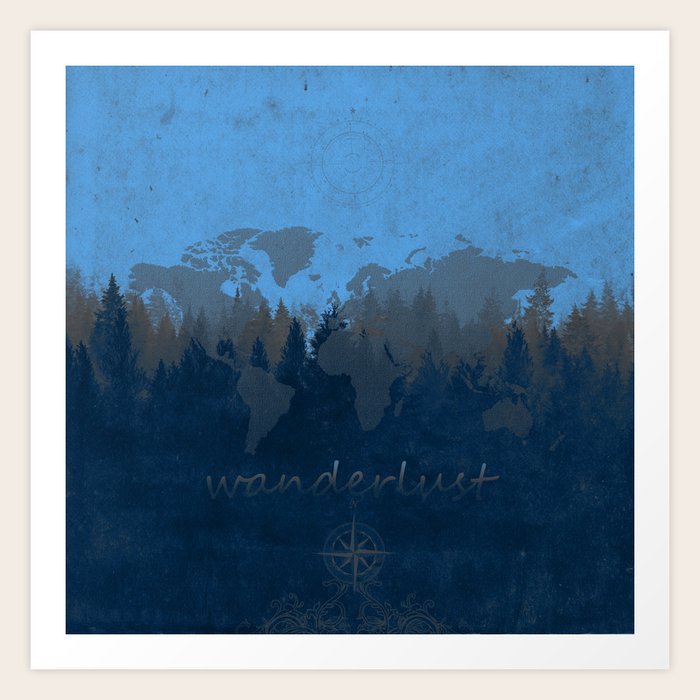 world map wanderlust forest blue Art Print by Bekim ART | Society6
