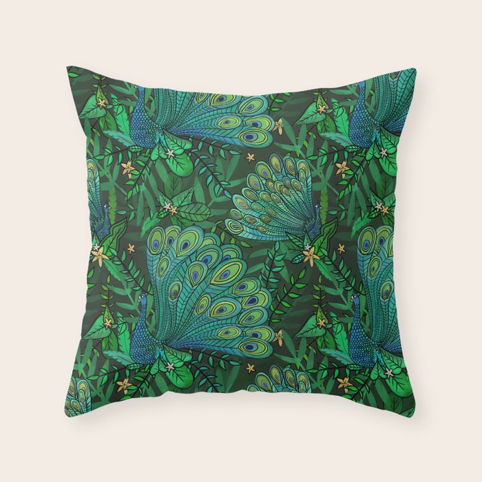Peacocks in Emerald Forest Throw Pillow by Lathe and Quill | Society6